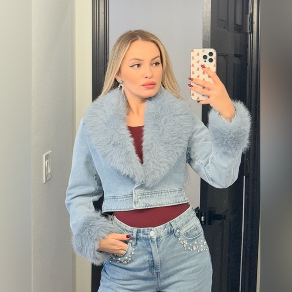Jackets & Coats | 238 Fluffy Womens Light Blue Faux Fur Trim Denim ...